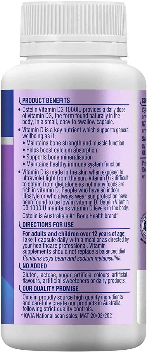 Vitamin D 1000IU - D3 for Bone Health + Immune Support, 250 Capsules ...