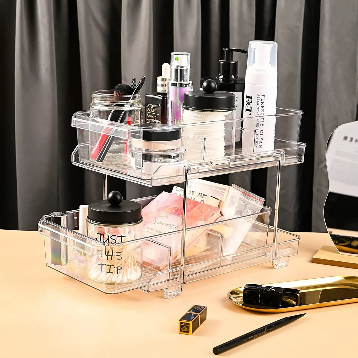 2 Tier Clear Organizer with Dividers, Multi-Purpose Slide-Out Kitchen ...