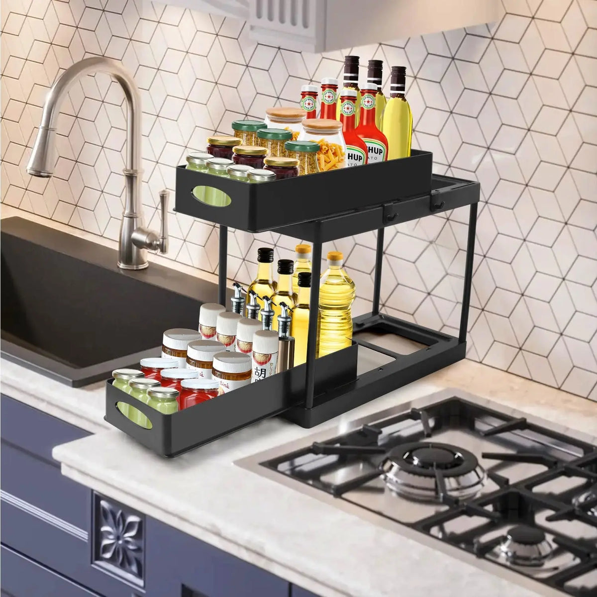 2-Tier Kitchen Spice Oil Rack ,Double Sliding Pull Spice Rack,Pull ...